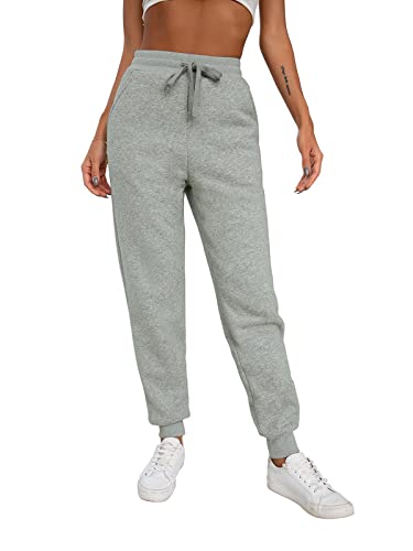 REORIA Women's Winter Warm Pants Thick Sherpa Lined Athletic Jogger Drawstring Fleece Lined Sweatpants with Pockets Light Grey Small