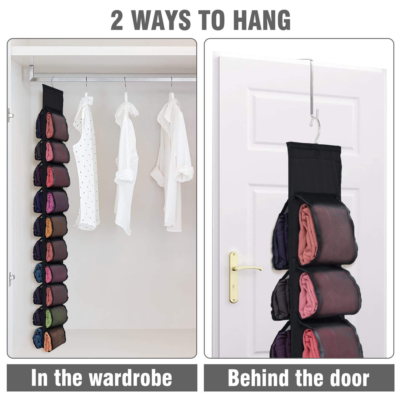 Legging Organizer for Closet, Hanging Closet Storage Organizer System, Clothes Closets Holder with 20 Roll Independent Compartments for Yoga T-Shirts Bras Socks Pants Tank Top Towel (Black)