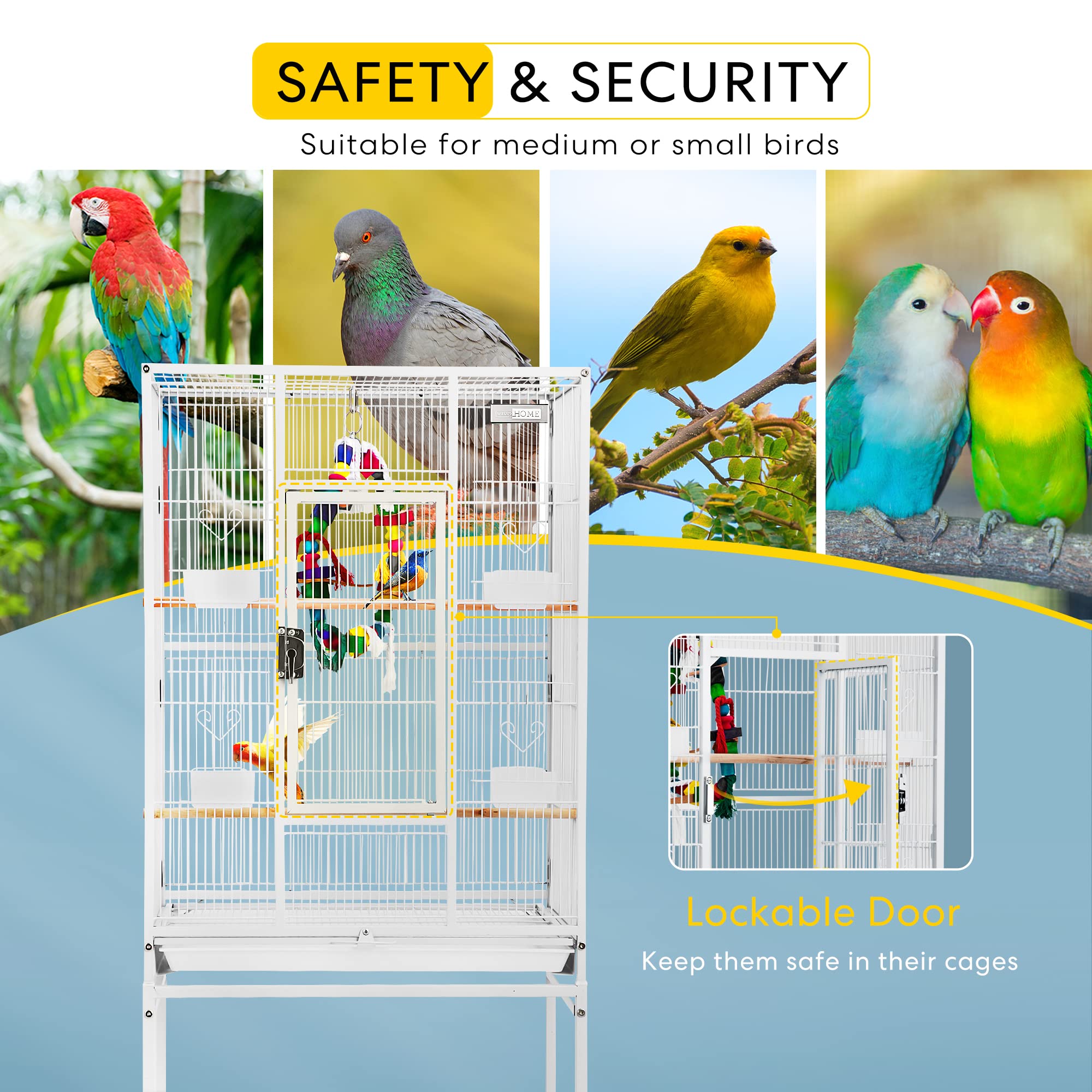 VIVOHOME 54 Inch Wrought Iron Large Bird Flight Cage with Rolling Stand for Parakeets Canaries Cockatiels Lovebirds Conures, White