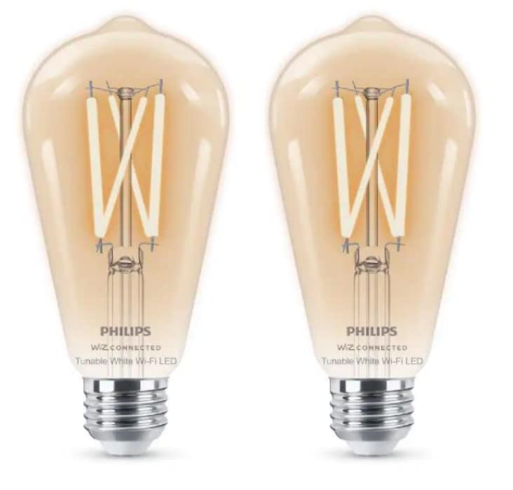 Philips Tunable White ST19 60W Equivalent Dimmable Smart Wi-Fi WiZ Connected Vintage Edison LED Light Bulb (2 Pack), Compatible with Alexa, Google Assistant, and Siri Shortcuts
