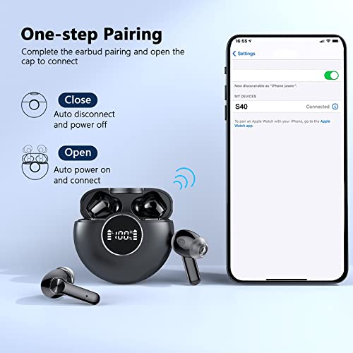 Tianeer Wireless Earbuds, Bluetooth 5.2 Stereo Earbuds, 48H Playtime with LED Power Display, Bluetooth Headphones with Noise Cancelling Mic, IPX7 Waterproof Deep Bass Earphones for Sports and Work