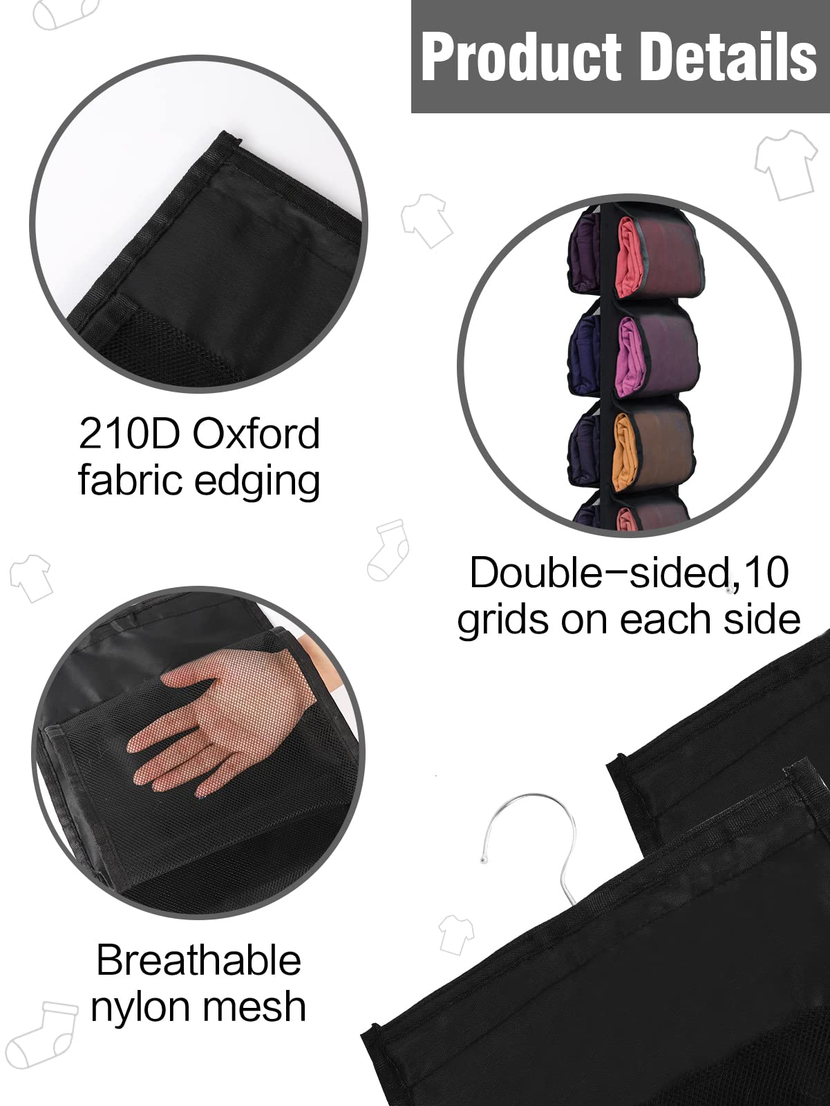 Legging Organizer for Closet, Hanging Closet Storage Organizer System, Clothes Closets Holder with 20 Roll Independent Compartments for Yoga T-Shirts Bras Socks Pants Tank Top Towel (Black)
