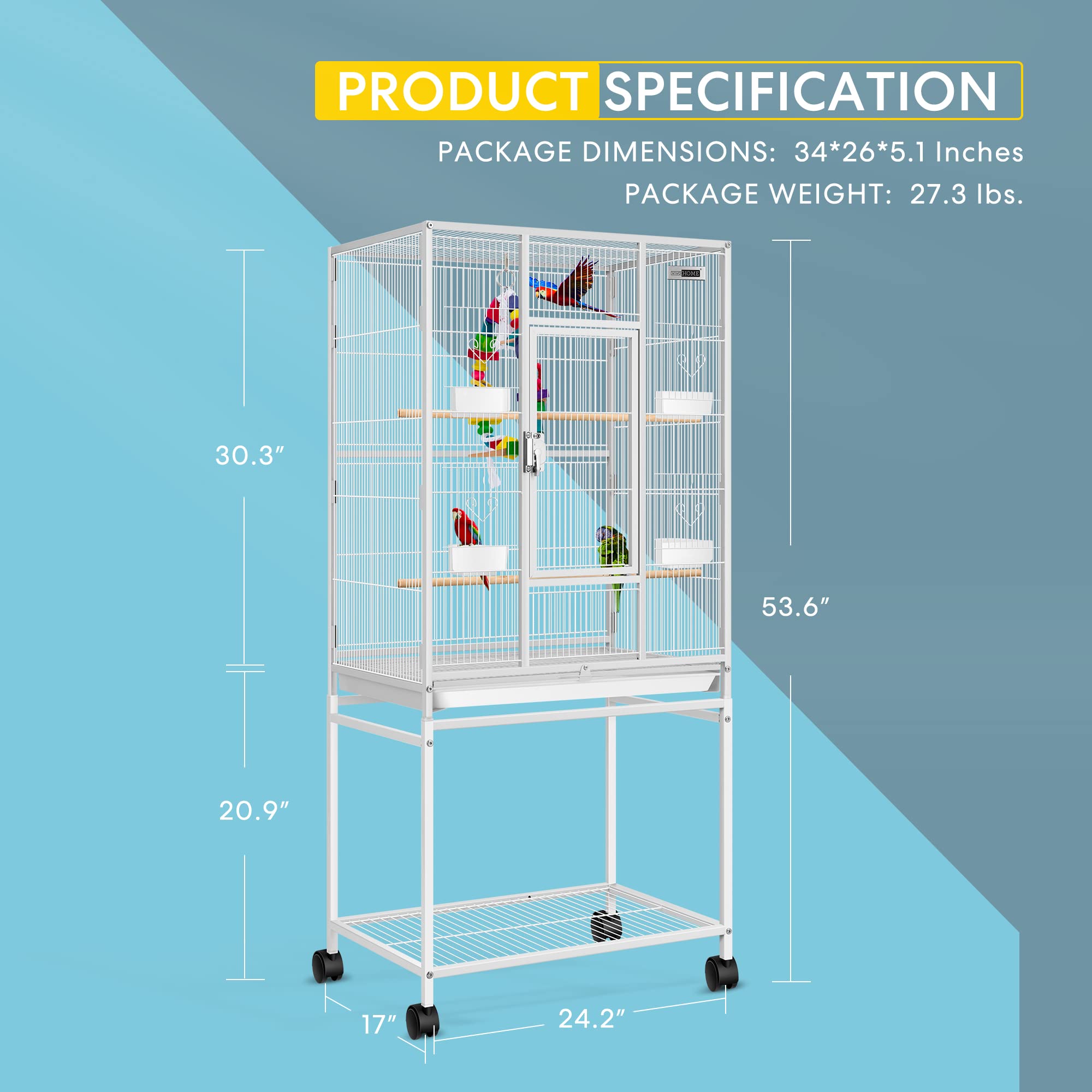 VIVOHOME 54 Inch Wrought Iron Large Bird Flight Cage with Rolling Stand for Parakeets Canaries Cockatiels Lovebirds Conures, White