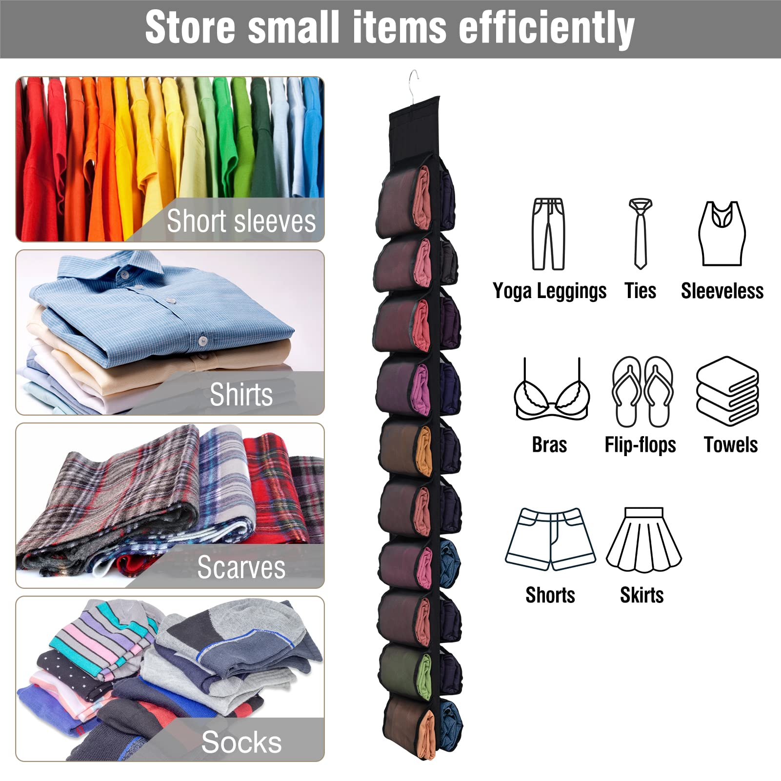 Legging Organizer for Closet, Hanging Closet Storage Organizer System, Clothes Closets Holder with 20 Roll Independent Compartments for Yoga T-Shirts Bras Socks Pants Tank Top Towel (Black)