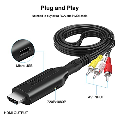 Wiistar RCA to HDMI Converter 1080P CVBS Composite AV to HDMI Video Audio Cable Converter Adapter for PS3 TV STB PC Laptop VHS VCR Camera DVD Players