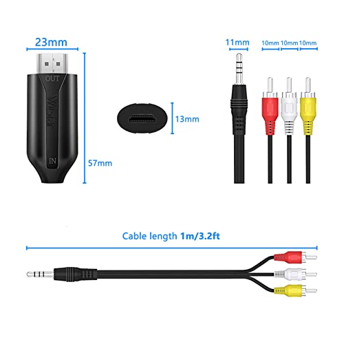 Wiistar RCA to HDMI Converter 1080P CVBS Composite AV to HDMI Video Audio Cable Converter Adapter for PS3 TV STB PC Laptop VHS VCR Camera DVD Players