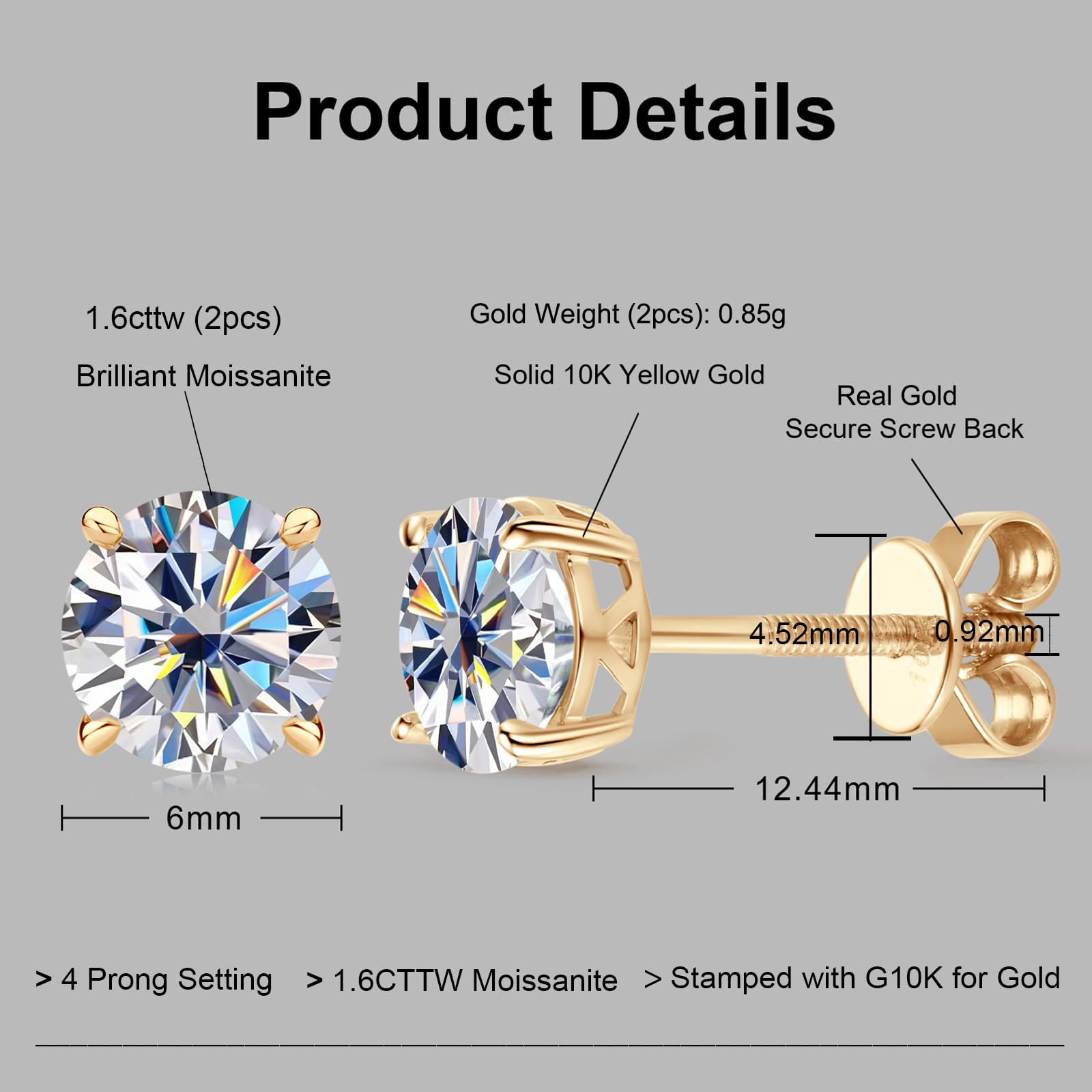 RAPRGOLD Moissanite Stud Earrings Lab Created 10K Real Yellow Gold Earrings Jewelry Gifts for Women Men, Solitaire Round Cut Moissanite Studs for Men Solid Gold in Secure Screw Back 1.60cttw 6mm
