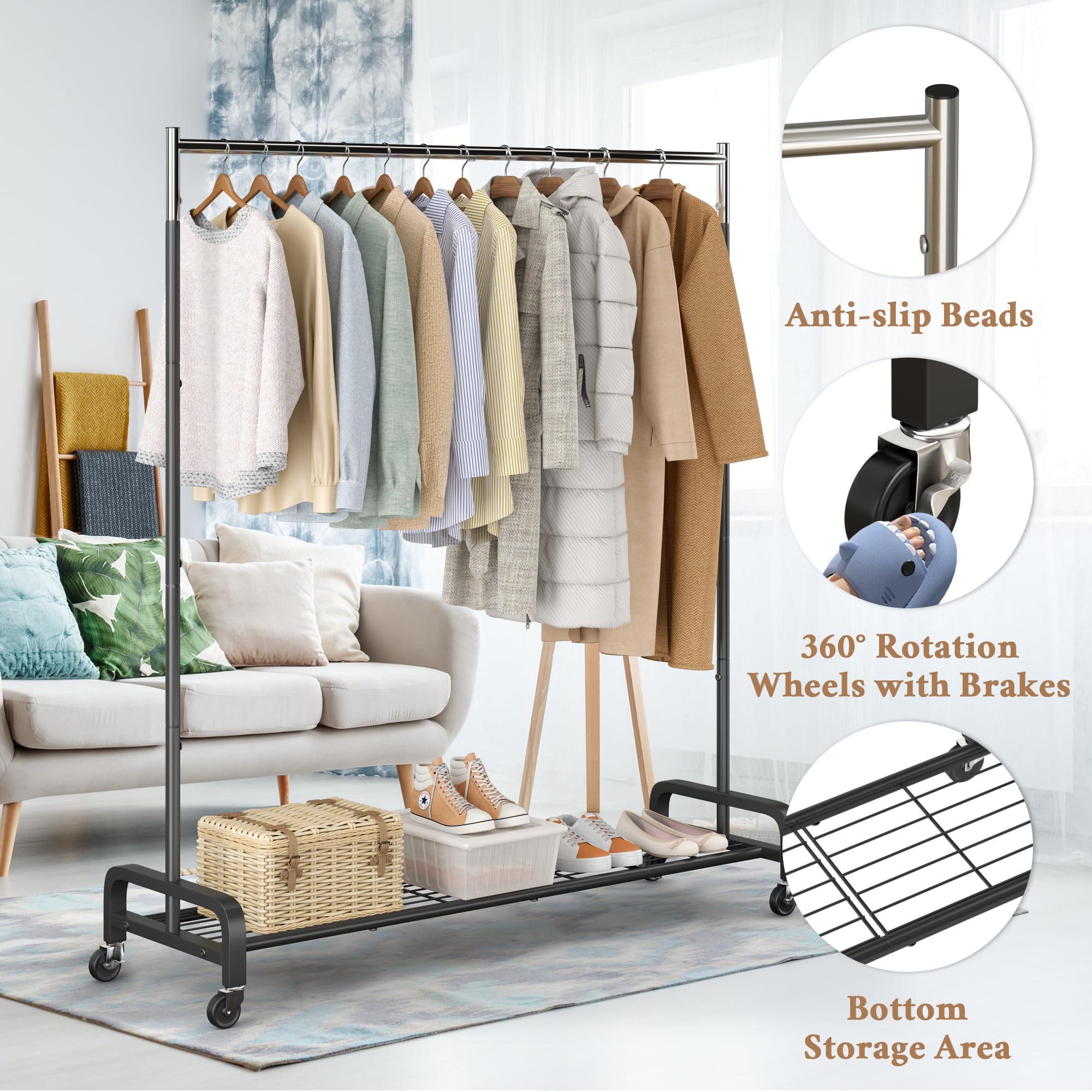 FEMOND Clothing Rack with Wheels Portable Clothes Rack Heavy Duty Garment Racks for Hanging Clothes 59" Rolling Clothes Rack