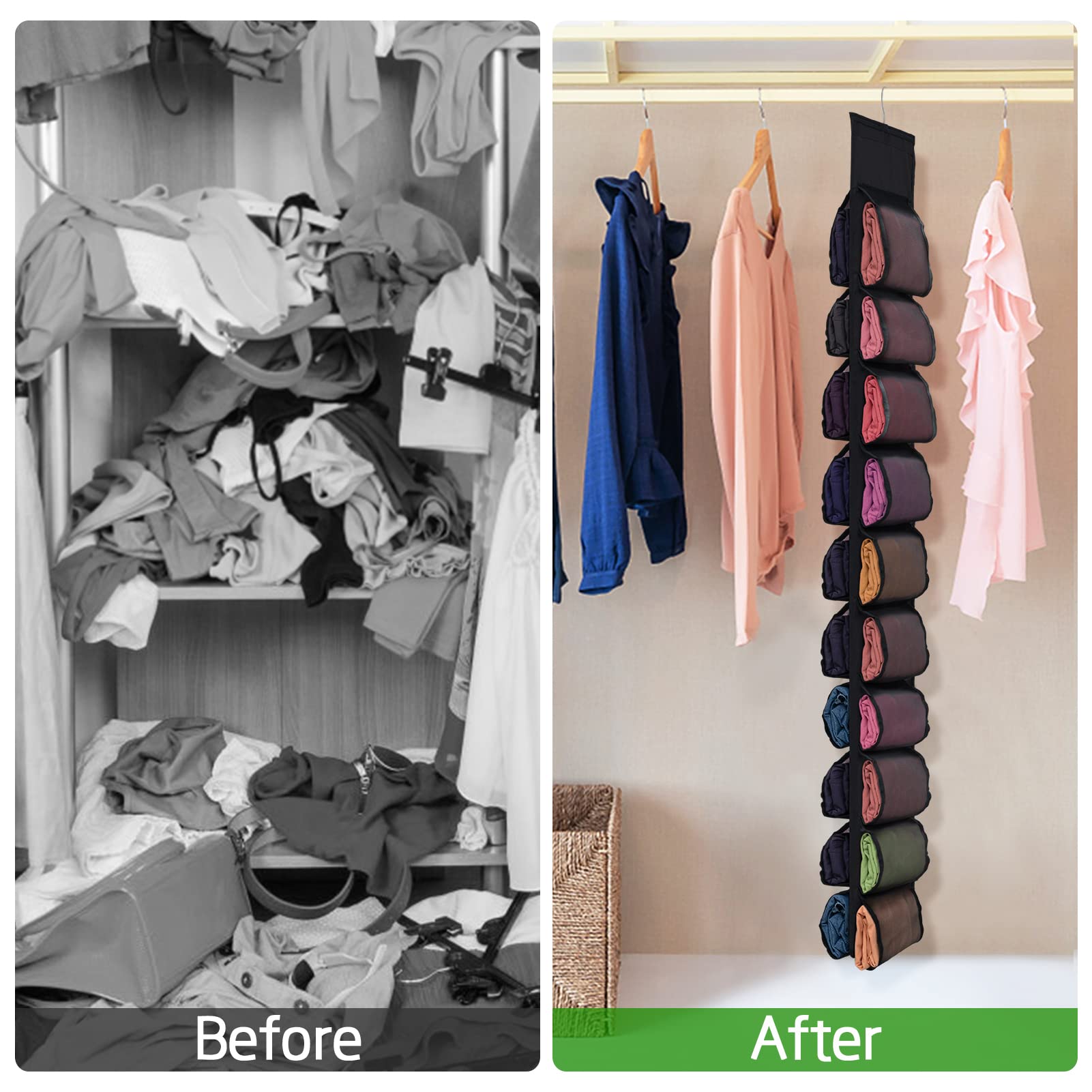 Legging Organizer for Closet, Hanging Closet Storage Organizer System, Clothes Closets Holder with 20 Roll Independent Compartments for Yoga T-Shirts Bras Socks Pants Tank Top Towel (Black)