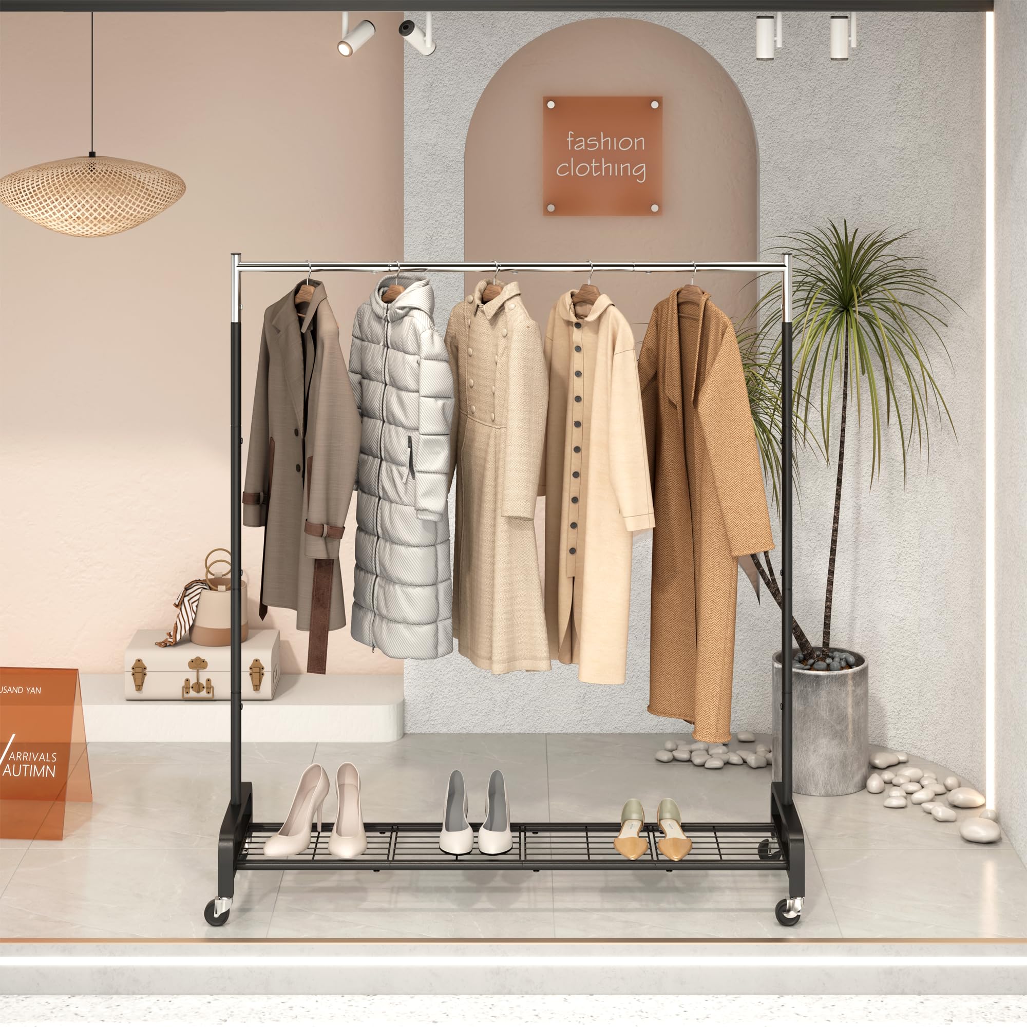 FEMOND Clothing Rack with Wheels Portable Clothes Rack Heavy Duty Garment Racks for Hanging Clothes 59" Rolling Clothes Rack