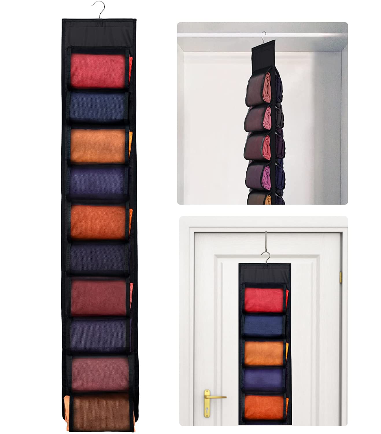 Legging Organizer for Closet, Hanging Closet Storage Organizer System, Clothes Closets Holder with 20 Roll Independent Compartments for Yoga T-Shirts Bras Socks Pants Tank Top Towel (Black)