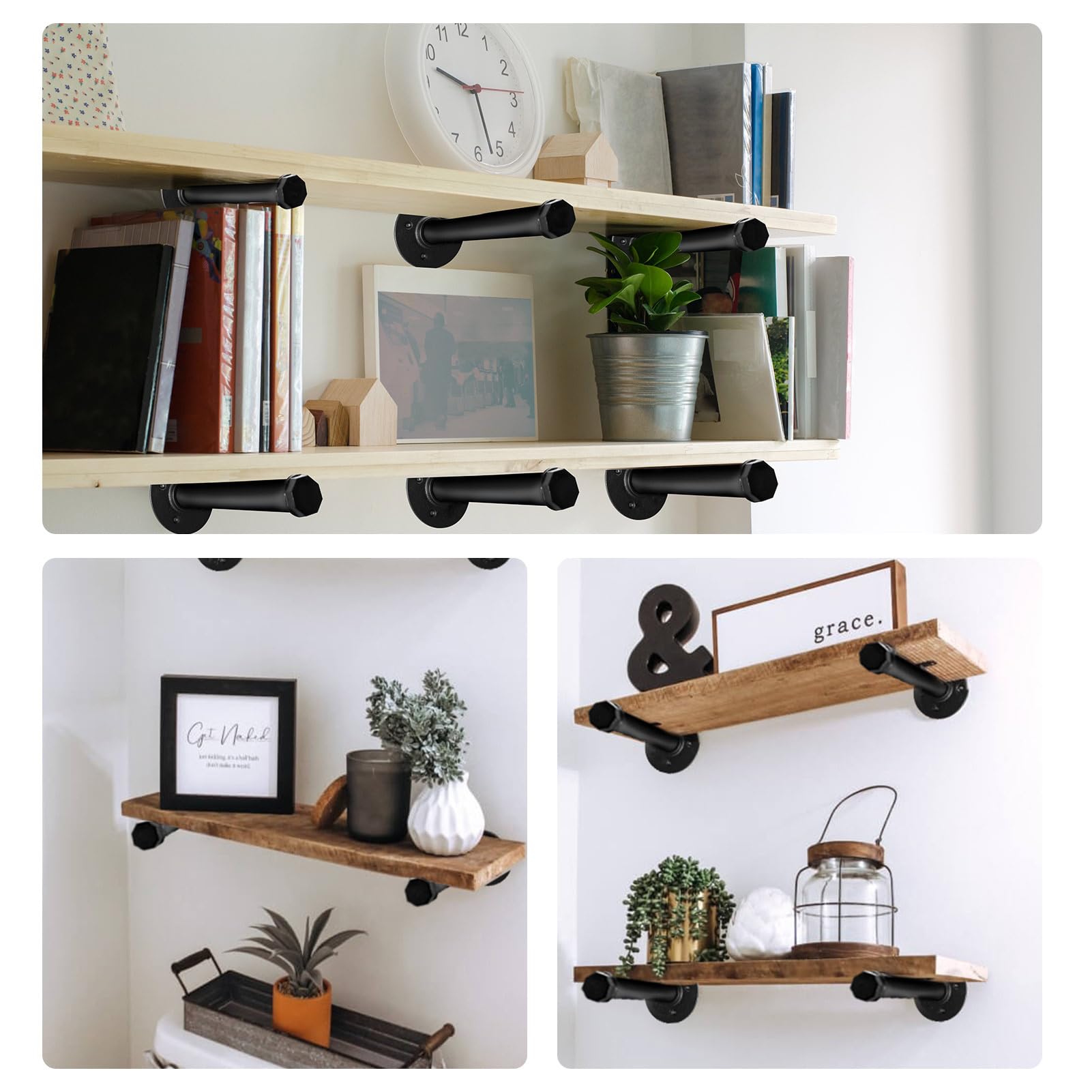 Pintuson 6 Pcs Industrial Pipe Clothes Bar 10 Inch - Wall Mount Clothing Rack - Face Out Closet Rods for Hanging Clothes Commercial Retail Boutique Laundry Shirt Display - Black