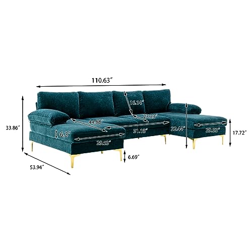U Shape Sectional Sofa Couch, Modern 110'' Convertible Sectional Sofa, Upholstered Chenille Fabric 4-Seat Couch Sofa Bed with Golden Metal Legs for Living Room, Apartment, Office, Teal Blue