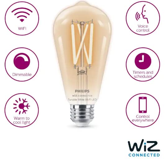 Philips Tunable White ST19 60W Equivalent Dimmable Smart Wi-Fi WiZ Connected Vintage Edison LED Light Bulb (2 Pack), Compatible with Alexa, Google Assistant, and Siri Shortcuts