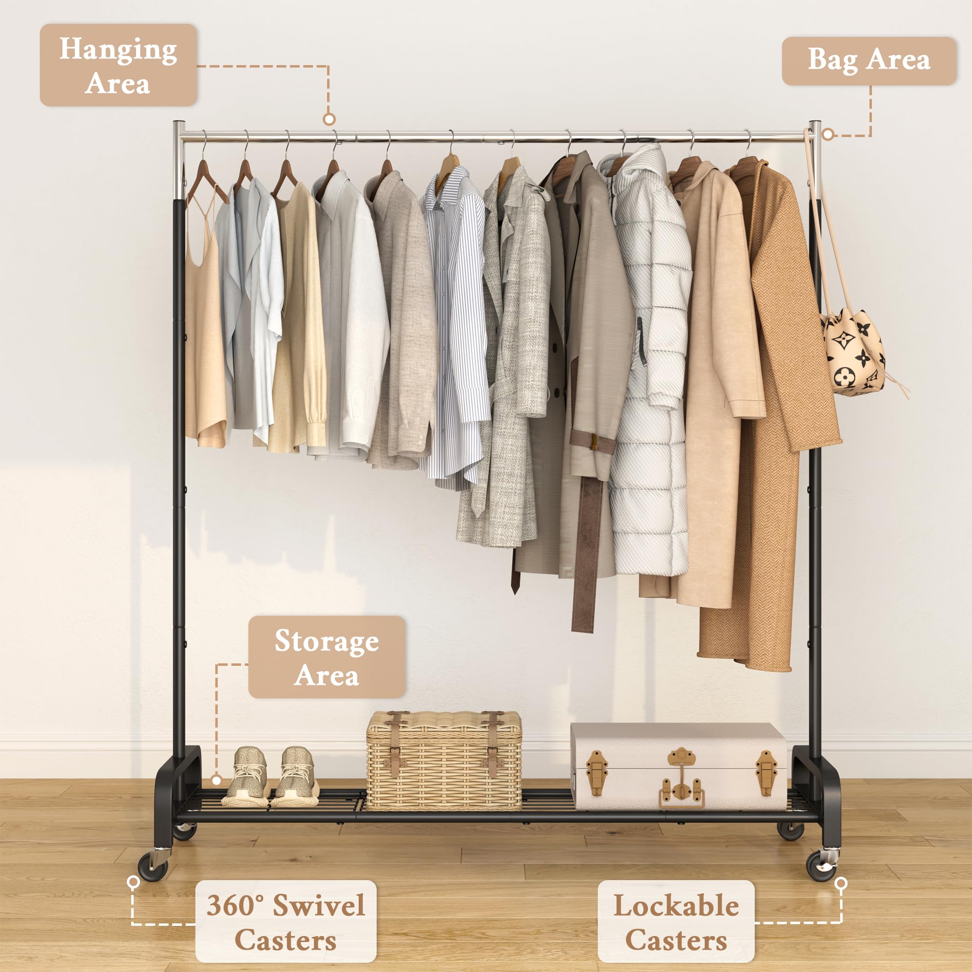 FEMOND Clothing Rack with Wheels Portable Clothes Rack Heavy Duty Garment Racks for Hanging Clothes 59" Rolling Clothes Rack