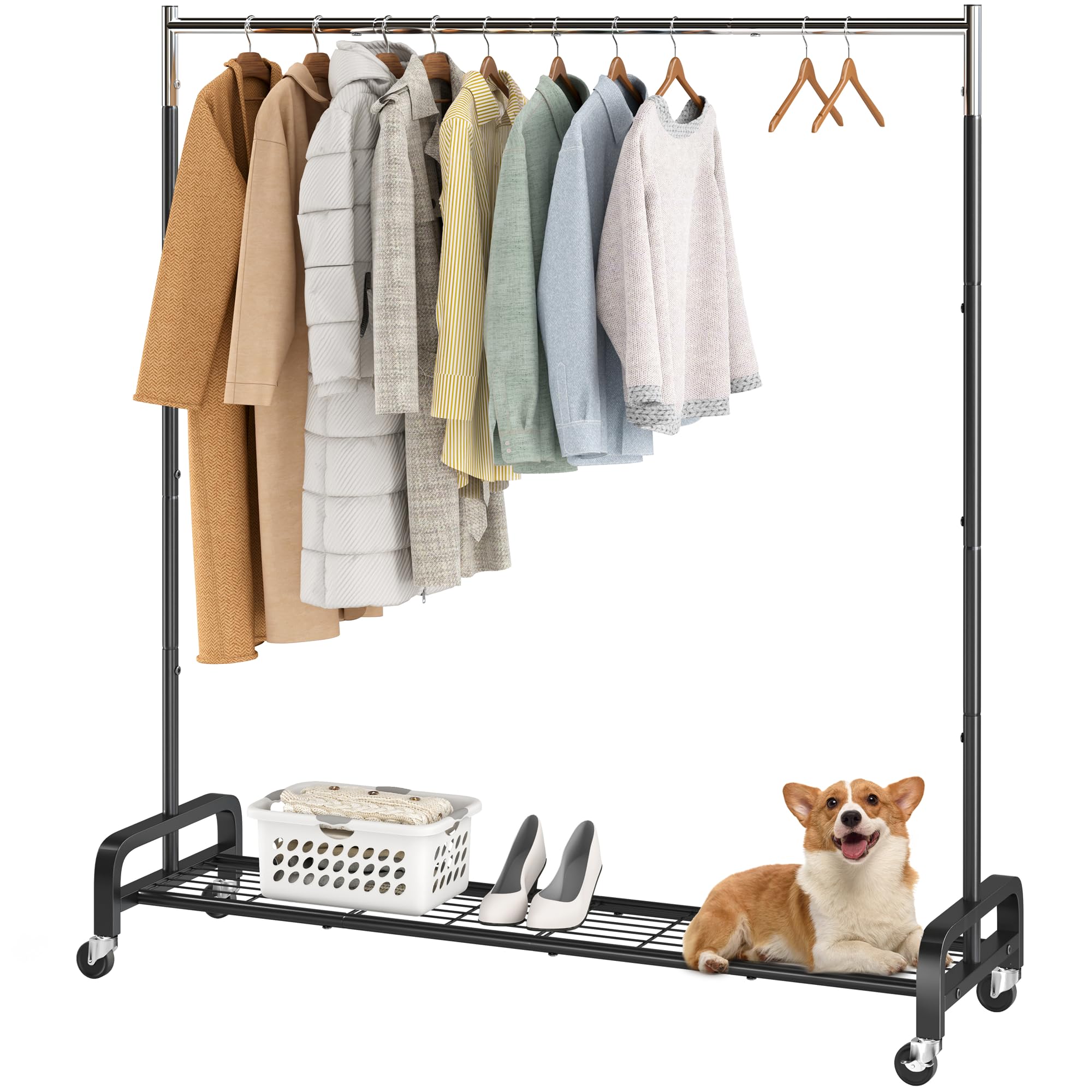 FEMOND Clothing Rack with Wheels Portable Clothes Rack Heavy Duty Garment Racks for Hanging Clothes 59" Rolling Clothes Rack