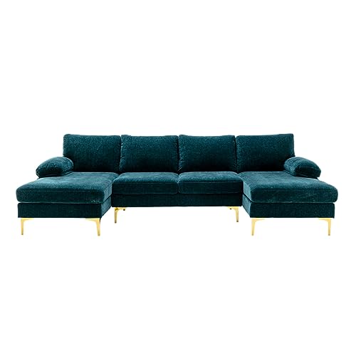 U Shape Sectional Sofa Couch, Modern 110'' Convertible Sectional Sofa, Upholstered Chenille Fabric 4-Seat Couch Sofa Bed with Golden Metal Legs for Living Room, Apartment, Office, Teal Blue