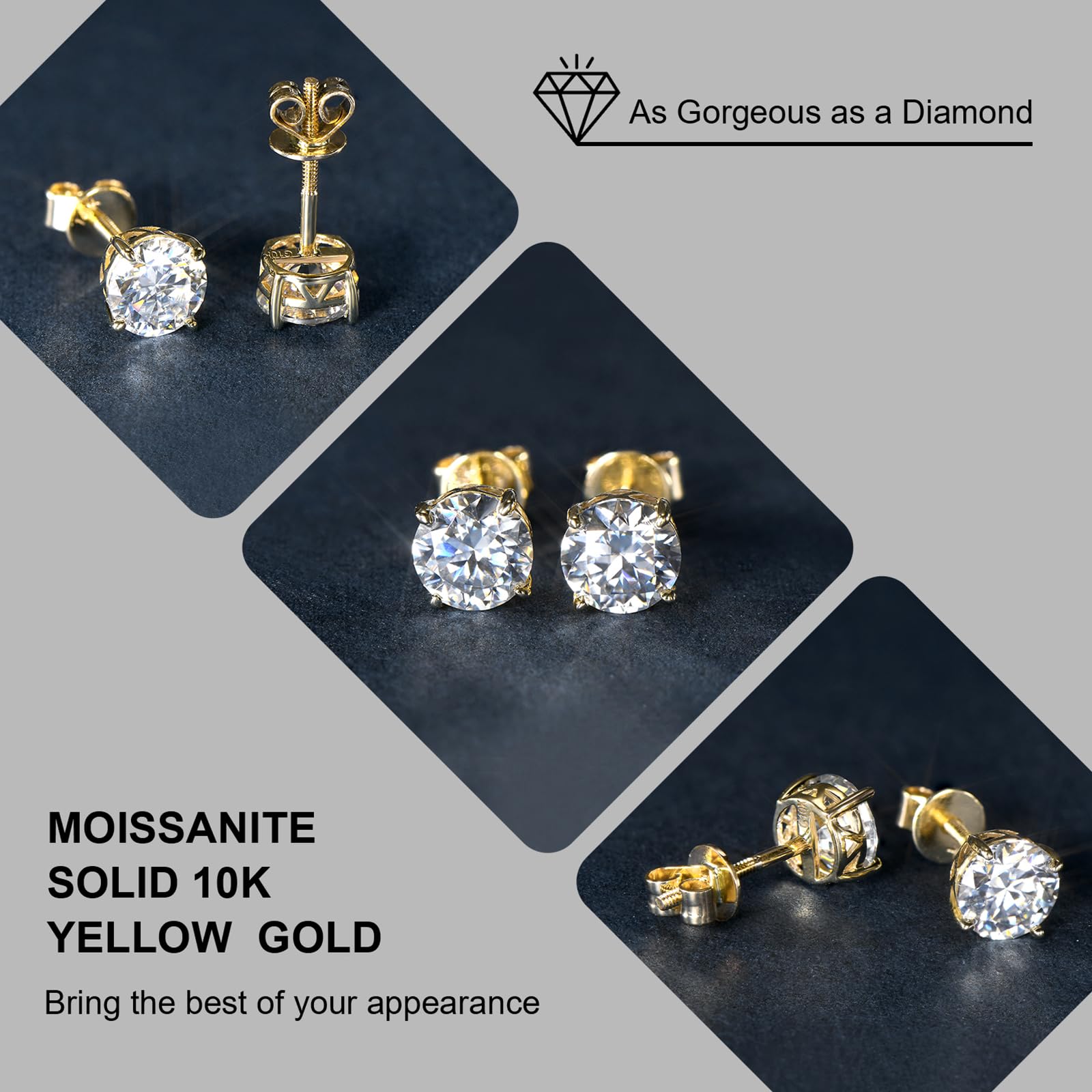 RAPRGOLD Moissanite Stud Earrings Lab Created 10K Real Yellow Gold Earrings Jewelry Gifts for Women Men, Solitaire Round Cut Moissanite Studs for Men Solid Gold in Secure Screw Back 1.60cttw 6mm