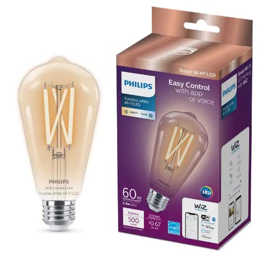 Philips Tunable White ST19 60W Equivalent Dimmable Smart Wi-Fi WiZ Connected Vintage Edison LED Light Bulb (2 Pack), Compatible with Alexa, Google Assistant, and Siri Shortcuts