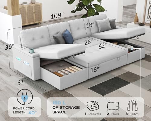 PaPaJet Pull Out Sofa Bed, 2 in 1 Sleeper Couch with USB Charging Stocket & Beverage Holders, Sectional Sofa Bed with Dual Chaise- Light Gray Chenille