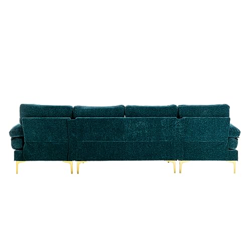 U Shape Sectional Sofa Couch, Modern 110'' Convertible Sectional Sofa, Upholstered Chenille Fabric 4-Seat Couch Sofa Bed with Golden Metal Legs for Living Room, Apartment, Office, Teal Blue