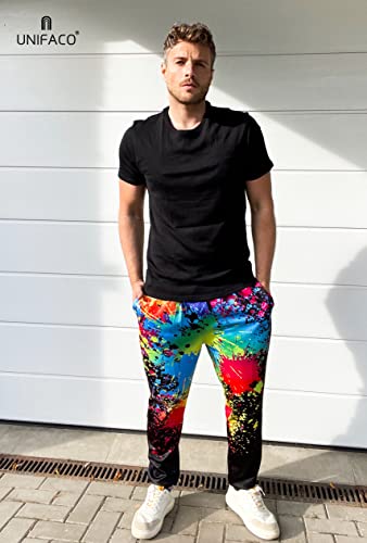 UNIFACO Men Women Causal Splatter Active Jogging Pants Baggy Elastic Sweatpants Black L