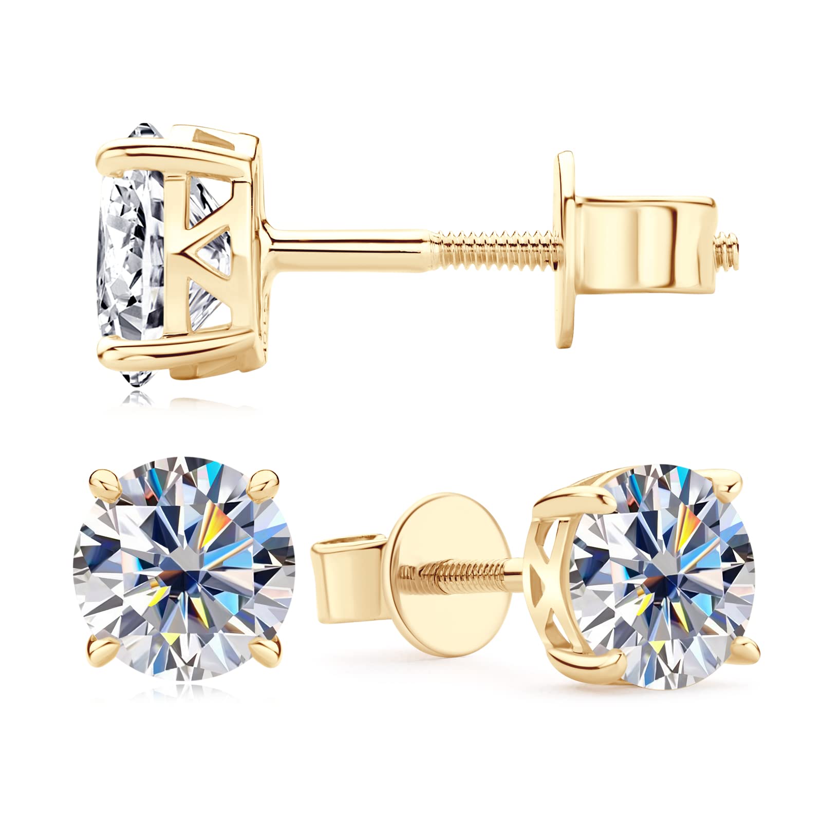 RAPRGOLD Moissanite Stud Earrings Lab Created 10K Real Yellow Gold Earrings Jewelry Gifts for Women Men, Solitaire Round Cut Moissanite Studs for Men Solid Gold in Secure Screw Back 1.60cttw 6mm