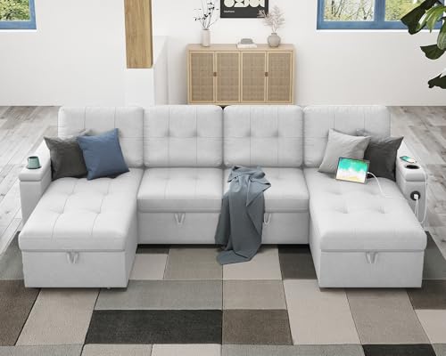 PaPaJet Pull Out Sofa Bed, 2 in 1 Sleeper Couch with USB Charging Stocket & Beverage Holders, Sectional Sofa Bed with Dual Chaise- Light Gray Chenille