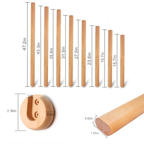 2 Sets Wooden Wall Mounted Closet Rod with base,Oval Saving Space Hanging Rod, Closet Pole for Wardrobe Hallway Bathroom Curtain Clothing Store(60cm(23.6in), Natural)
