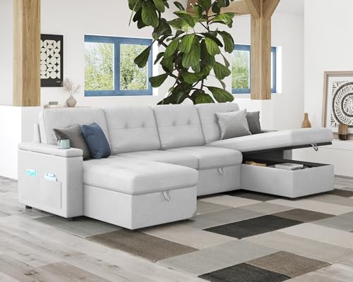 PaPaJet Pull Out Sofa Bed, 2 in 1 Sleeper Couch with USB Charging Stocket & Beverage Holders, Sectional Sofa Bed with Dual Chaise- Light Gray Chenille