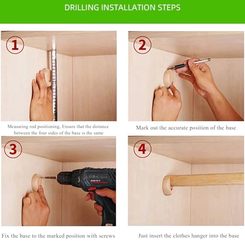 2 Sets Wooden Wall Mounted Closet Rod with base,Oval Saving Space Hanging Rod, Closet Pole for Wardrobe Hallway Bathroom Curtain Clothing Store(60cm(23.6in), Natural)
