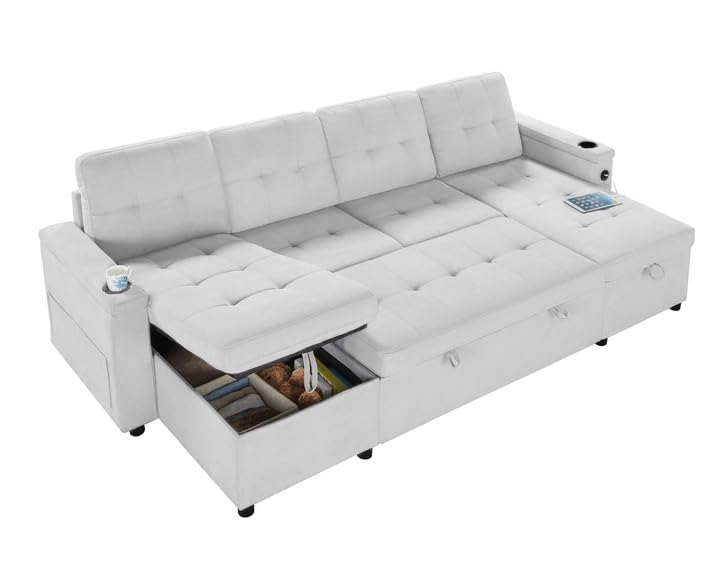 PaPaJet Pull Out Sofa Bed, 2 in 1 Sleeper Couch with USB Charging Stocket & Beverage Holders, Sectional Sofa Bed with Dual Chaise- Light Gray Chenille