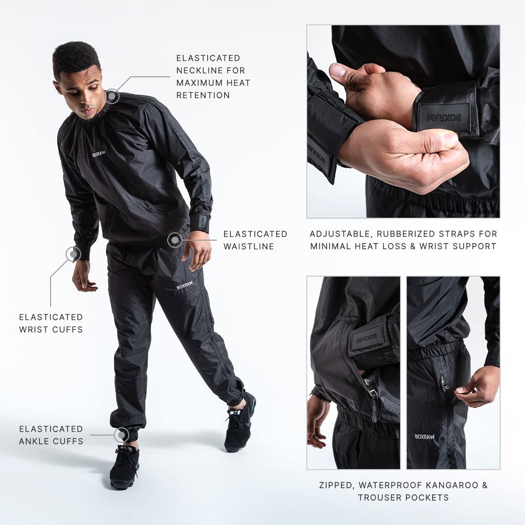 BOXRAW Hagler Professional Sauna Suit 1.0 Top & Bottoms Non Rip Sweat Suit Boxing MMA Training Gym (Black - M)