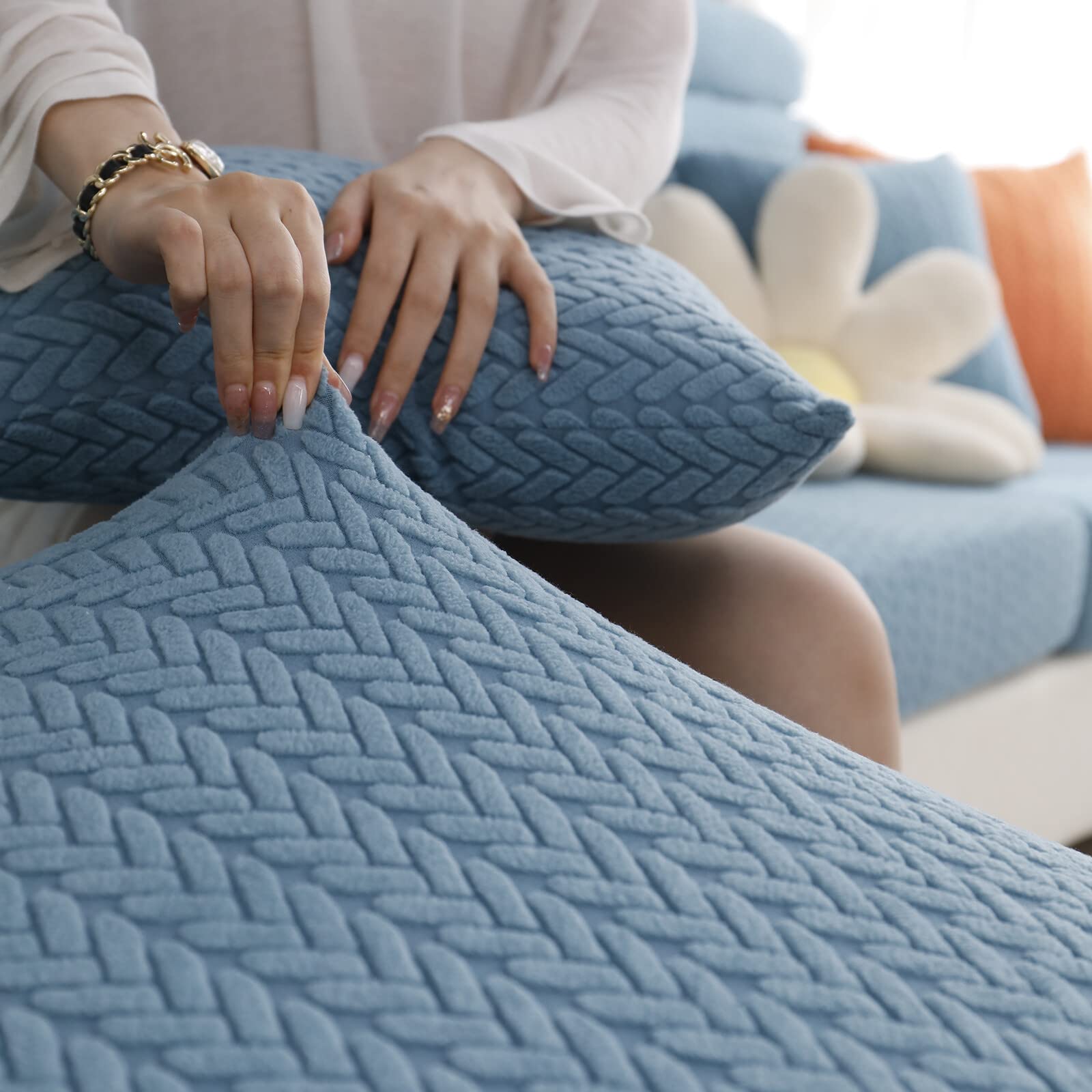 cjc 2023 New Universal Sofa Cover, Wear-Resistant High Stretch Couch Cushion Slipcovers, Anti-Slip L Shape Sofa Covers - Tear Stain Resistant Sofa Protector (Light Blue, Back Cover M)