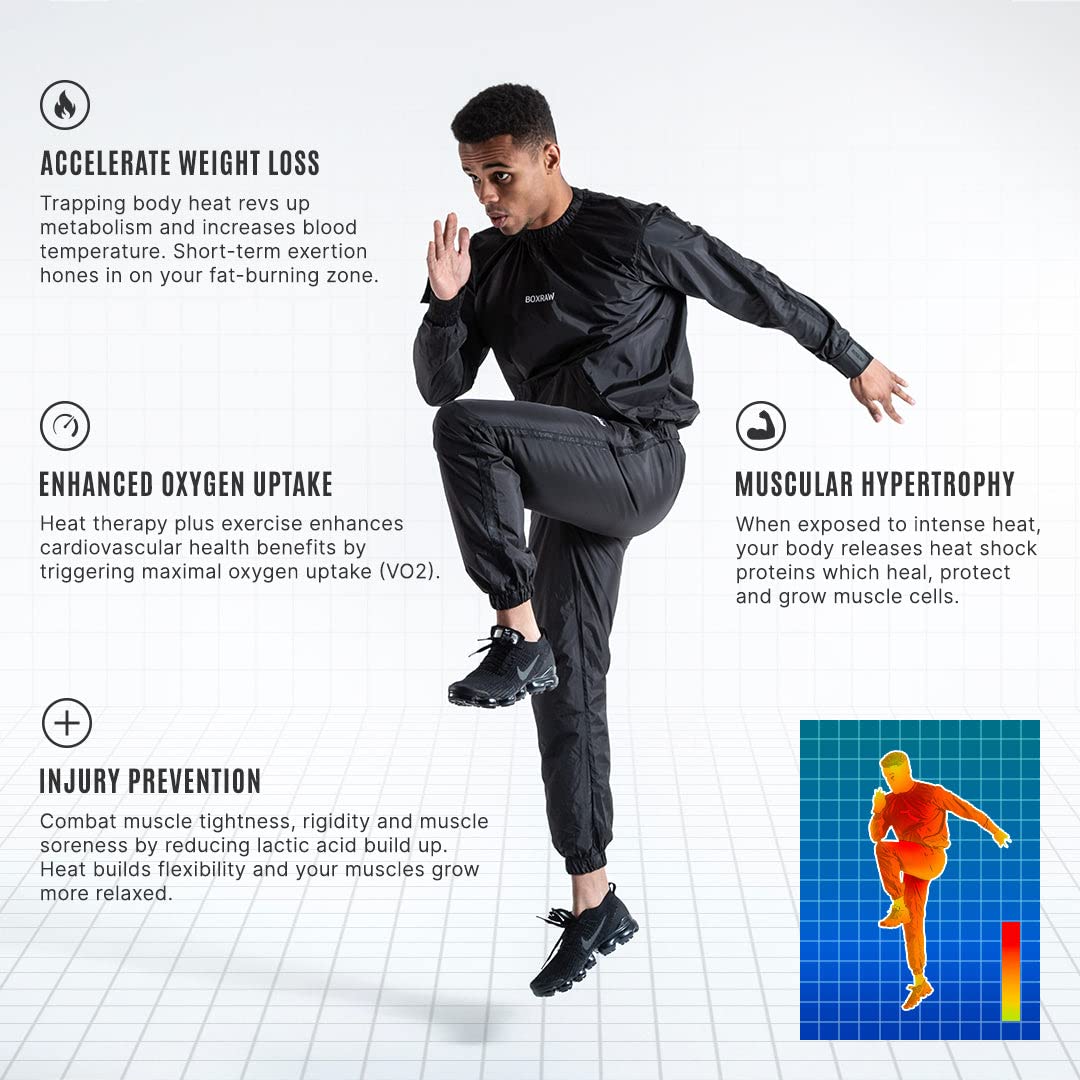 BOXRAW Hagler Professional Sauna Suit 1.0 Top & Bottoms Non Rip Sweat Suit Boxing MMA Training Gym (Black - M)
