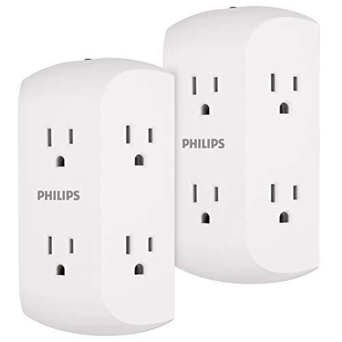 Philips 6-Outlet Extender, 2 Pack, Resettable Circuit Breaker, Adapter Spaced Outlets, 3-Prong, Charging Station, Side Access, Grounded Wall Tap, Perfect for Cell Phone Charging, White, SPS1462WA/37