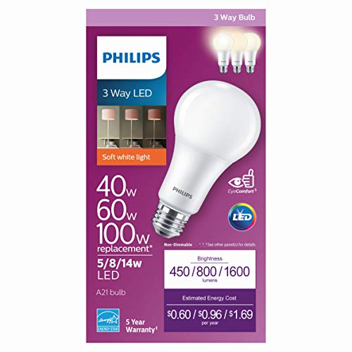 Philips LED 556928 3-Way A21 Flicker-Free Light Bulb with EyeComfort Technology: 1600-800-450-Lumen, 2700K, 14-8-5 (100-60-40-Watt Equivalent), E26 Base, Soft White, 4-Pack, Title 20 Compliant