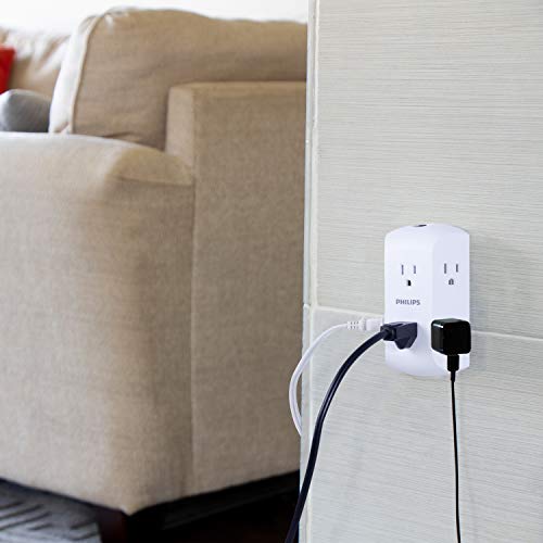 Philips 6-Outlet Extender, 2 Pack, Resettable Circuit Breaker, Adapter Spaced Outlets, 3-Prong, Charging Station, Side Access, Grounded Wall Tap, Perfect for Cell Phone Charging, White, SPS1462WA/37