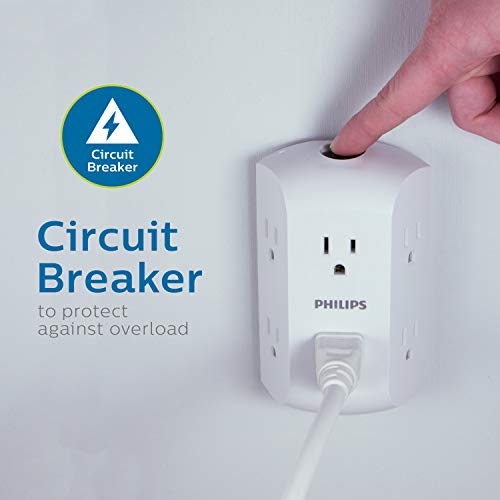 Philips 6-Outlet Extender, 2 Pack, Resettable Circuit Breaker, Adapter Spaced Outlets, 3-Prong, Charging Station, Side Access, Grounded Wall Tap, Perfect for Cell Phone Charging, White, SPS1462WA/37