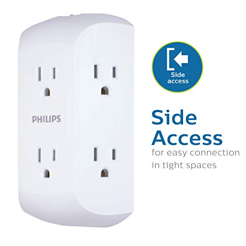 Philips 6-Outlet Extender, 2 Pack, Resettable Circuit Breaker, Adapter Spaced Outlets, 3-Prong, Charging Station, Side Access, Grounded Wall Tap, Perfect for Cell Phone Charging, White, SPS1462WA/37