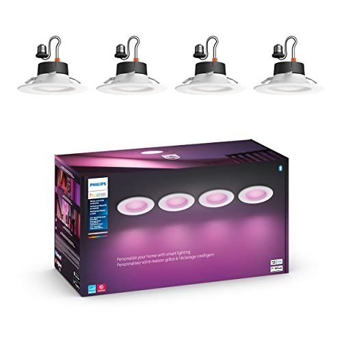 Philips Hue White and Color Ambiance Extra Bright Dimmable Recessed LED Smart 6" Downlight for Retrofit Cans-4 Count (Pack of 1) (578674) & Bridge Smart Lighting Hub - White