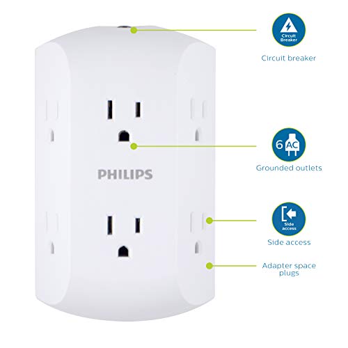 Philips 6-Outlet Extender, 2 Pack, Resettable Circuit Breaker, Adapter Spaced Outlets, 3-Prong, Charging Station, Side Access, Grounded Wall Tap, Perfect for Cell Phone Charging, White, SPS1462WA/37