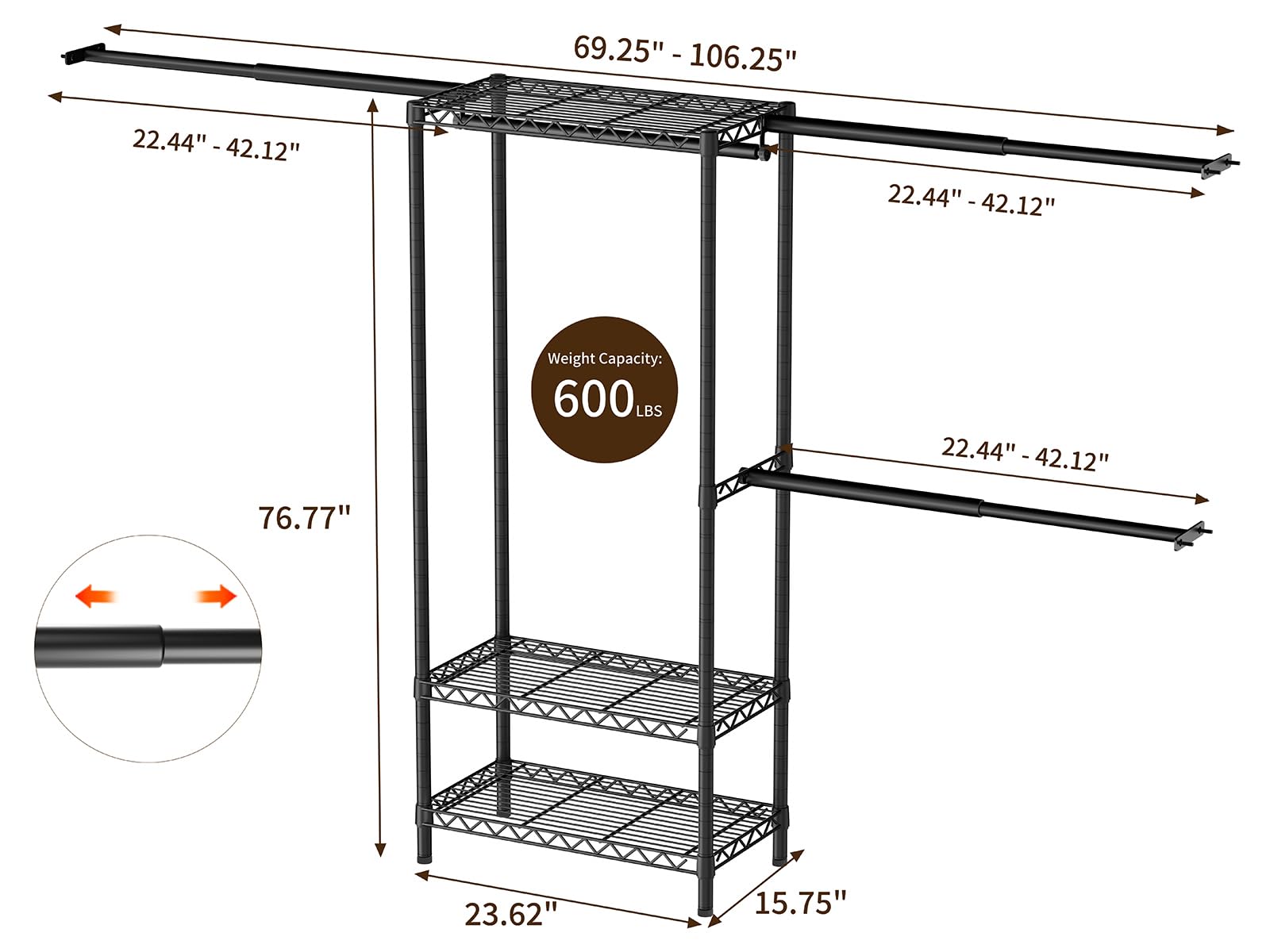 Golpart Closet Storage Organizer System,Expandable Wall Mounted Clothes Rack,3 Tiers Heavy Duty Metal Garment Rack with 3 Extendable Hanger Rods,Fits Space 5.7~8.8ft Width,76.77" H x 15.75" D