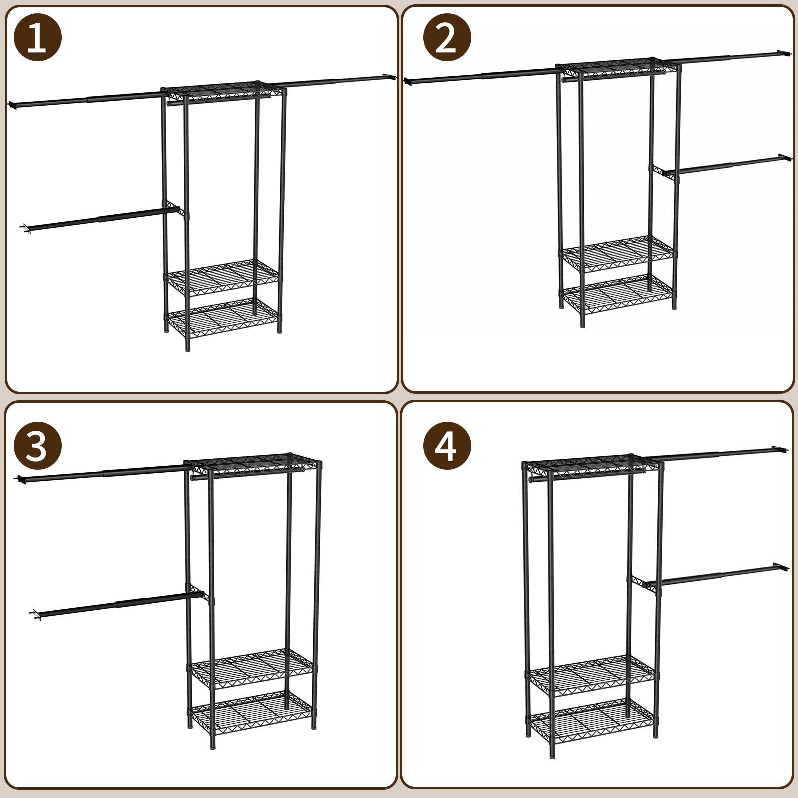 Golpart Closet Storage Organizer System,Expandable Wall Mounted Clothes Rack,3 Tiers Heavy Duty Metal Garment Rack with 3 Extendable Hanger Rods,Fits Space 5.7~8.8ft Width,76.77" H x 15.75" D