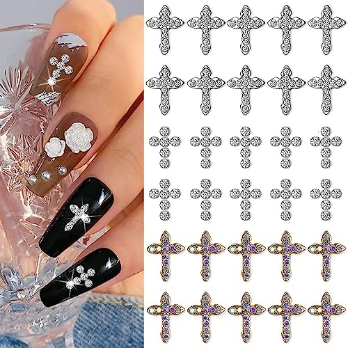 30Pcs Cross Nail Charm, Nail Rhinestones for Acrylic Nails, 3D Silver Gold Metal Alloy Crystals Cross Charms, Flatback Nail Diamonds, Nail Gems for Women Girls DIY Nail Art Nail Designs (Cross)