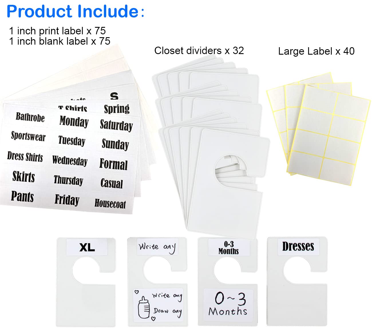 TraGoods 20 Pack White Clothing Rack Size Dividers Plus 90 Labels (1 Inch) and 20 Large Blank Labels, Large Rectangular Clothing Closet Dividers (Pearl White)