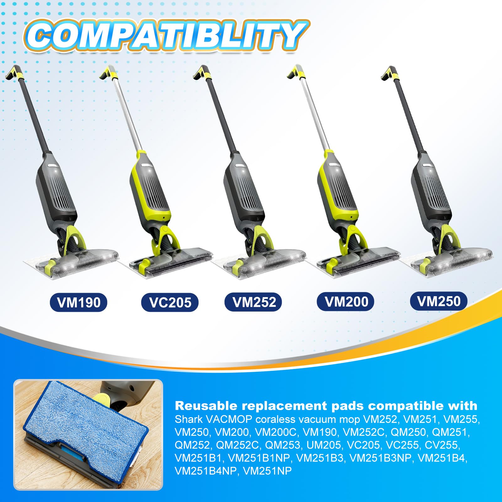 KEEPOW Reusable Vacmop Replacement Pads Compatible with Shark Vac Mop VM252 VM200 VC205 VM250 VM190 VM200P12, Vacuum Mop Pads Refills for Hardwood Floor with Upgraded Dirt Chamber, Blue, 2+1+1 Pack