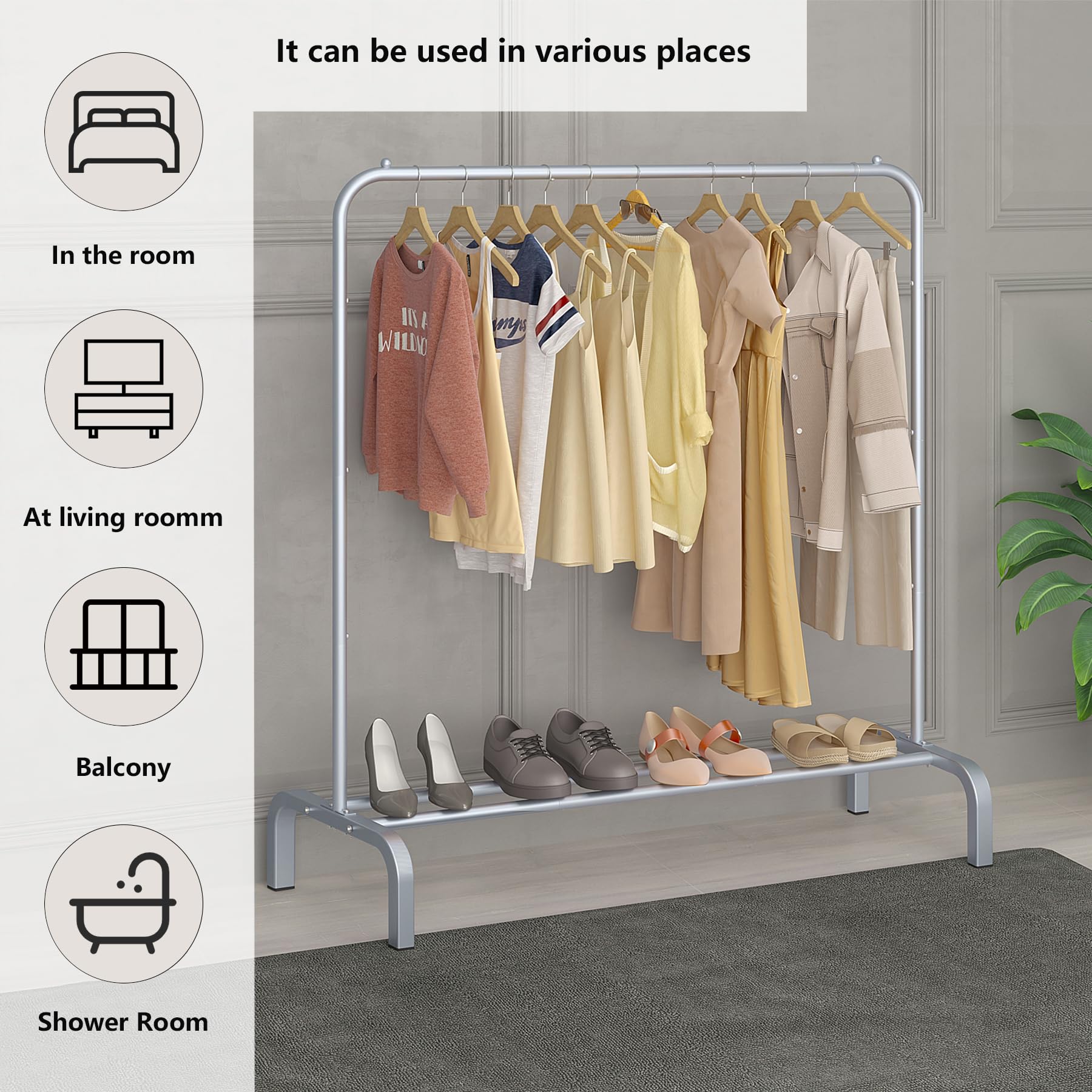 JIUYOTREE Metal Clothing Rack 43.3 Inches Clothes Garment Coat Rack with Bottom Shelf Clothing Rack for Hanging Clothes Coats Skirts Shirts Sweaters Silver Gray