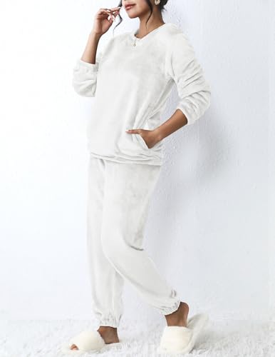 Ekouaer Women Fleece Pajama Sets Long Sleeve Tops and Pants PJ Sets Joggers Plush Loungewear Sleepwear White Large