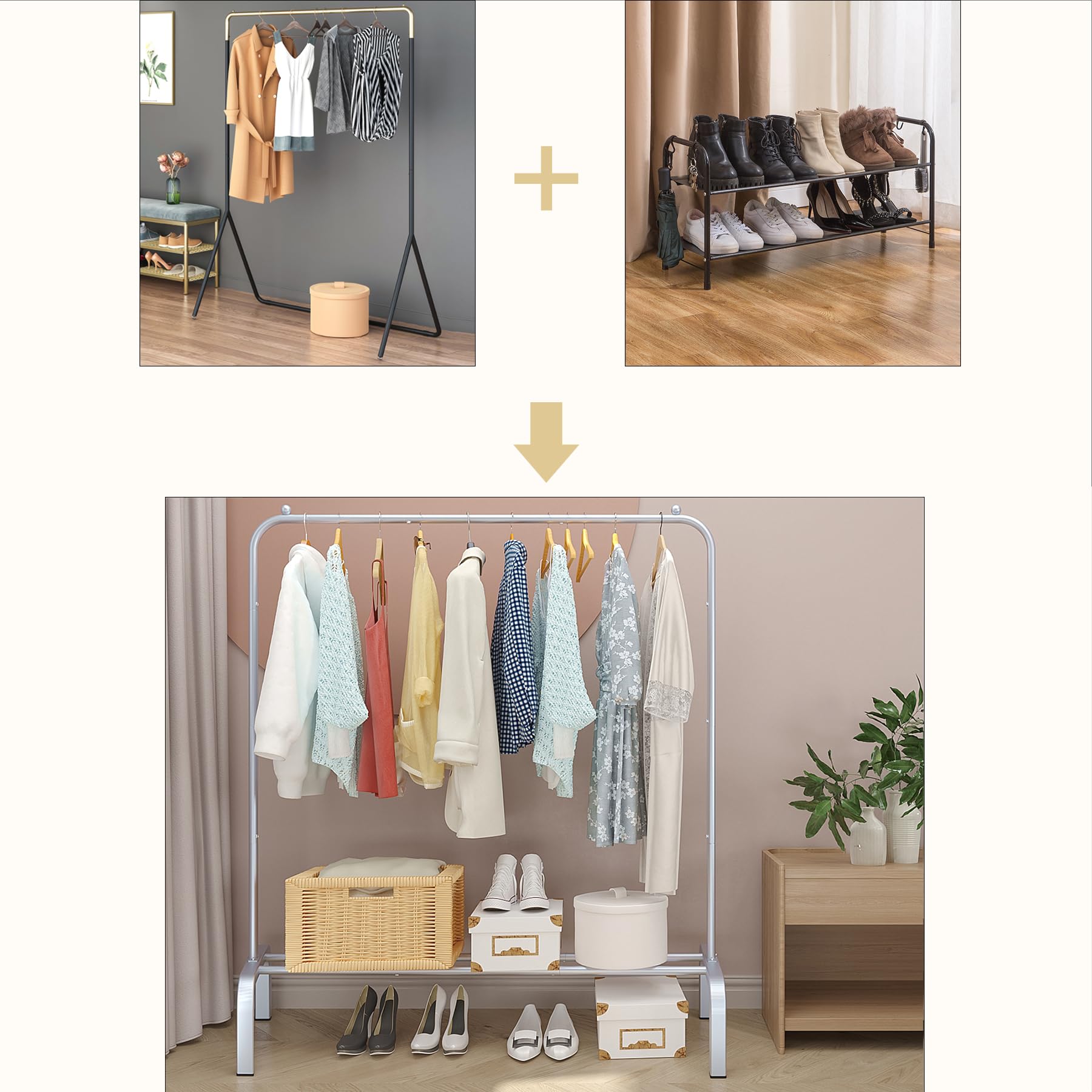 JIUYOTREE Metal Clothing Rack 43.3 Inches Clothes Garment Coat Rack with Bottom Shelf Clothing Rack for Hanging Clothes Coats Skirts Shirts Sweaters Silver Gray